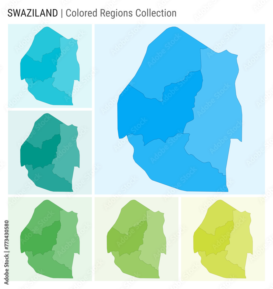 Swaziland map collection. Country shape with colored regions. Light ...