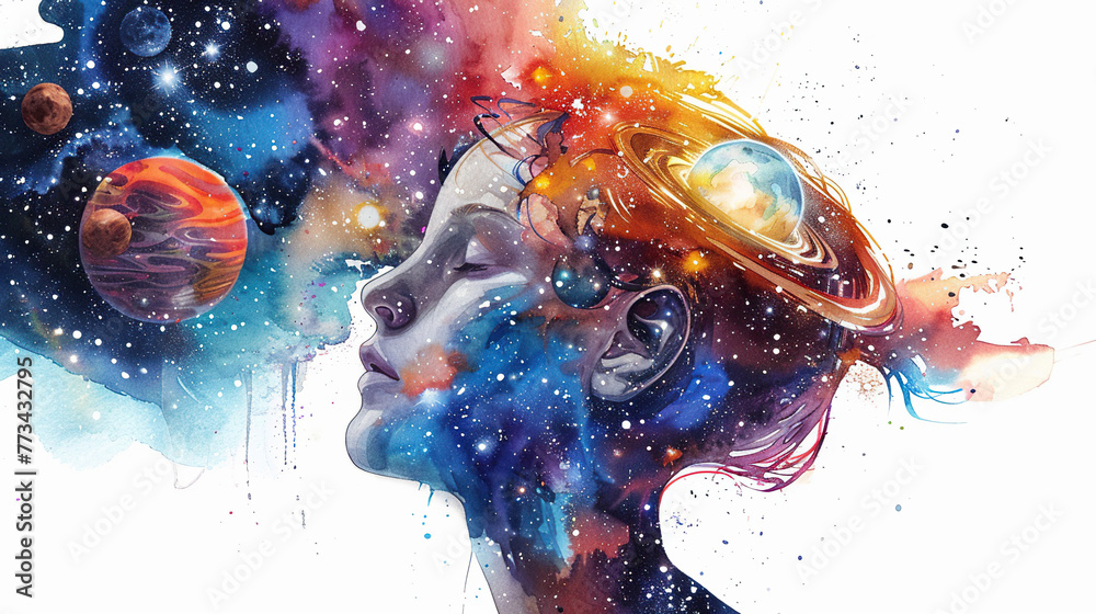 child Astronaut imagining space in mind merged brain with watercolor ...