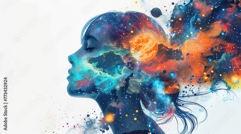 child Astronaut imagining space in mind merged brain with watercolor ...