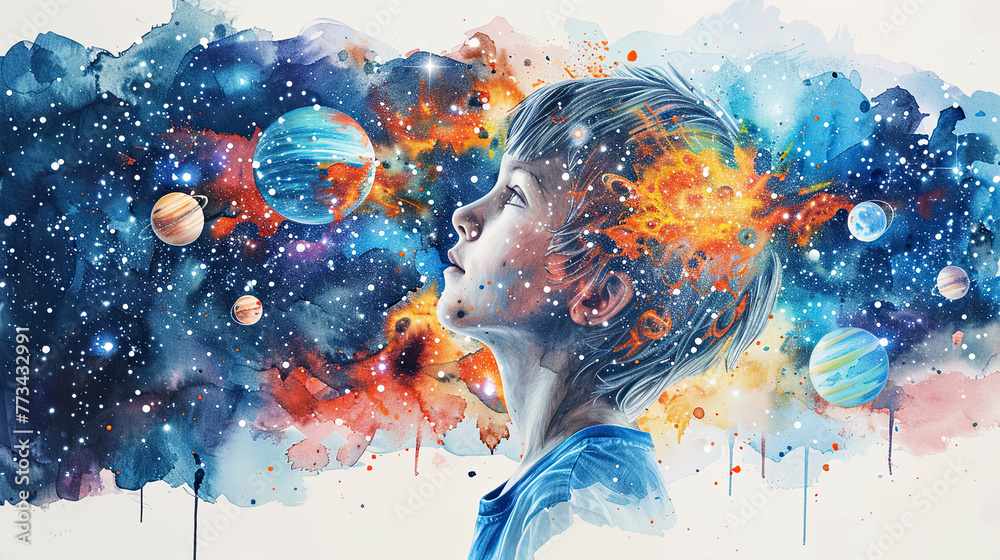 child Astronaut imagining space in mind merged brain with watercolor ...