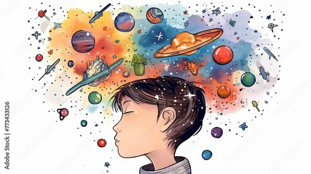 child Astronaut imagining space in mind merged brain with watercolor ...