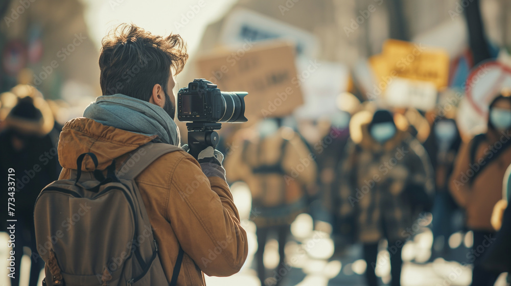 A reporter in the heart of a peaceful protest, video camera in hand ...
