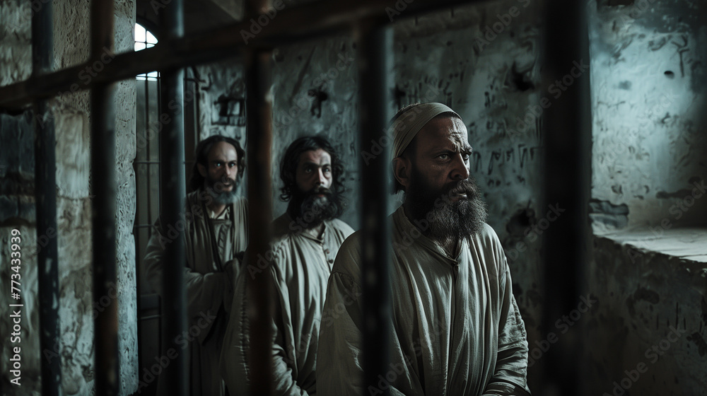 Depicting a small group of prisoners expressing despair inside the ...