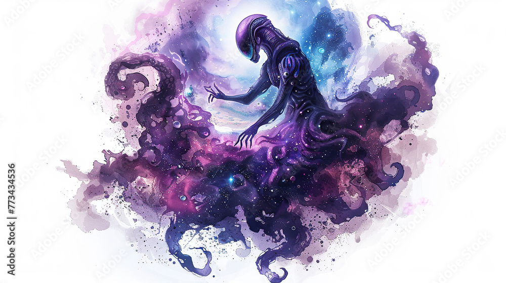 purple scary alien illustration merged with watercolor art Astronaut ...