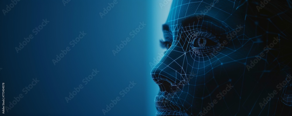 Facial Recognition from AI model, face with wireframe grid from ...