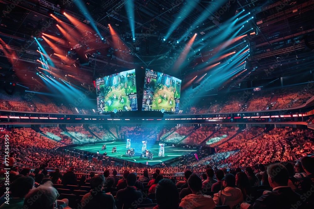 Abstract blurred background of big esports gaming event at big arena ...
