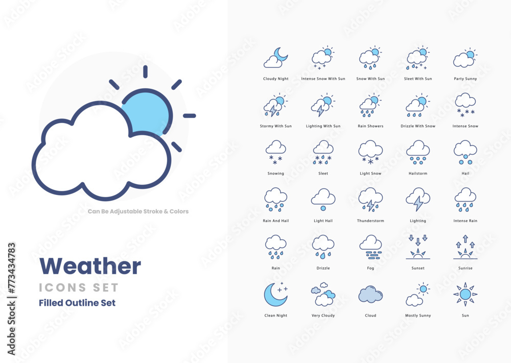 Set of Weather icons set such as, Sun, Cloud, Rain, Snow, Wind ...