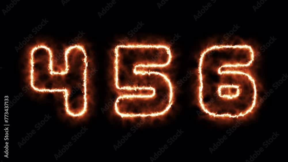 Animated numbers "4 5 6" with fire effect, transparent background with ...