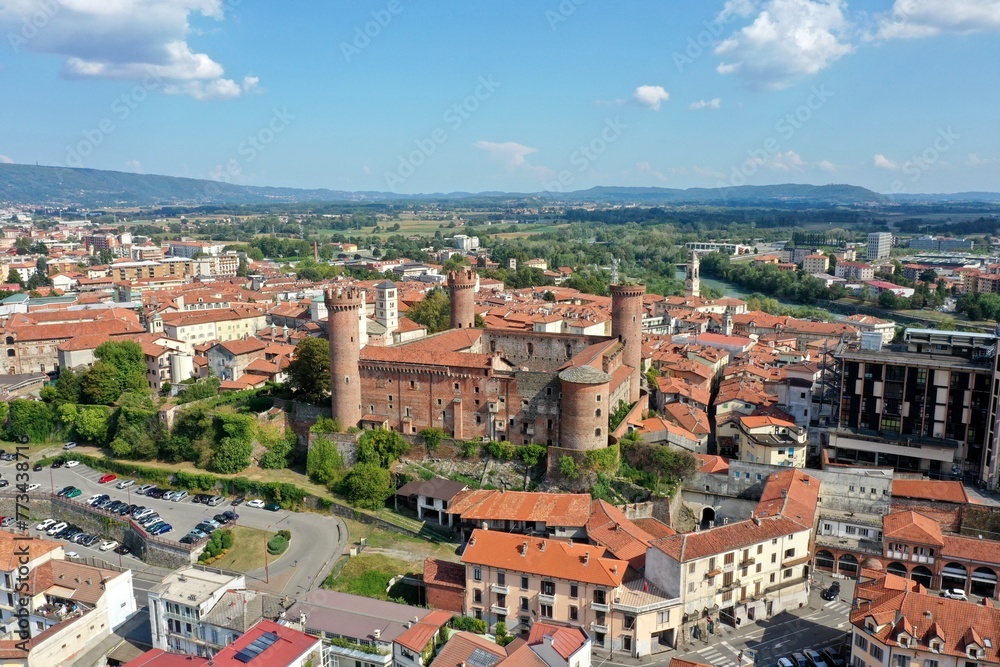 aerial view of the center of the city of Ivrea with The Castle of Ivrea ...