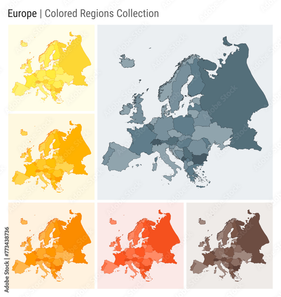 Europe. Map collection. Continent shape. Colored countries. Blue Grey ...
