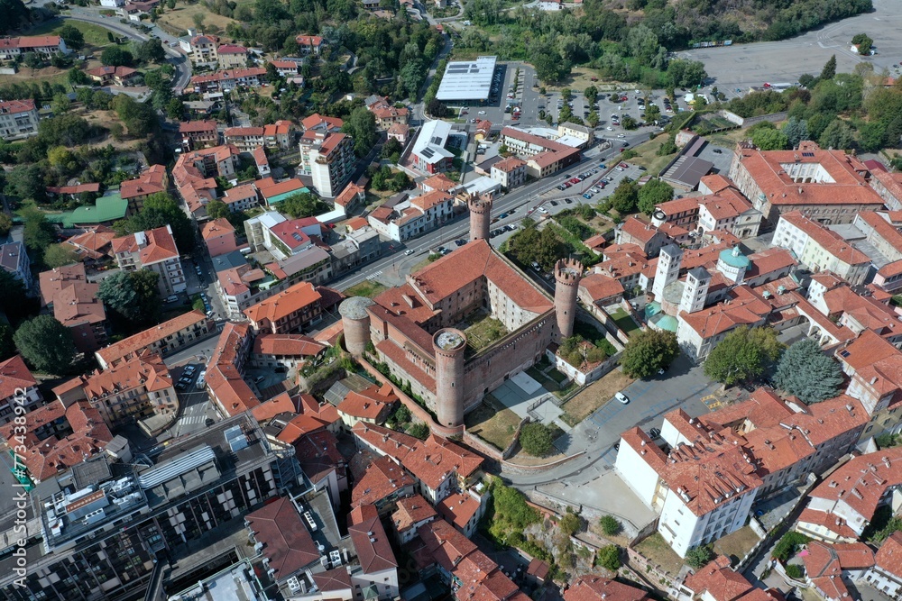 aerial view of the center of the city of Ivrea with The Castle of Ivrea ...