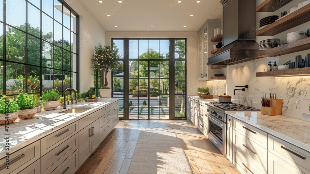 A light-filled kitchen with white marble countertops and open shelving ...