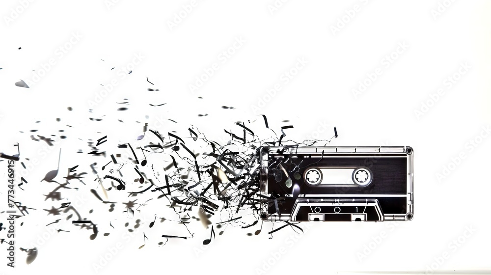 Cassette tape with its magnetic tape unraveled, forming the shape of ...