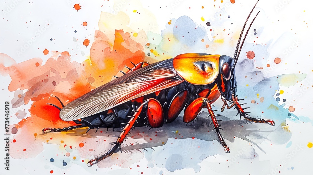 Watercolor illustration of a cockroach. Vibrant insect illustration ...