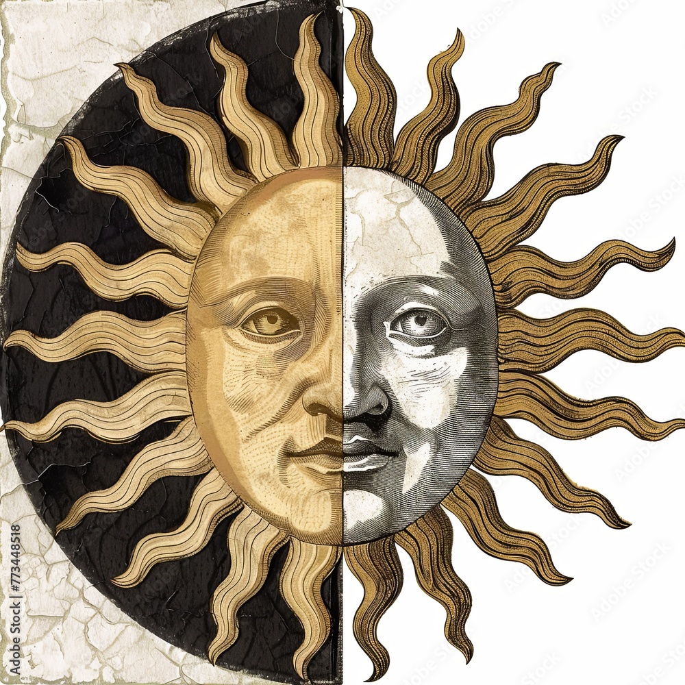 Depiction of the sun and crescent moon with faces and rays. A mystical ...