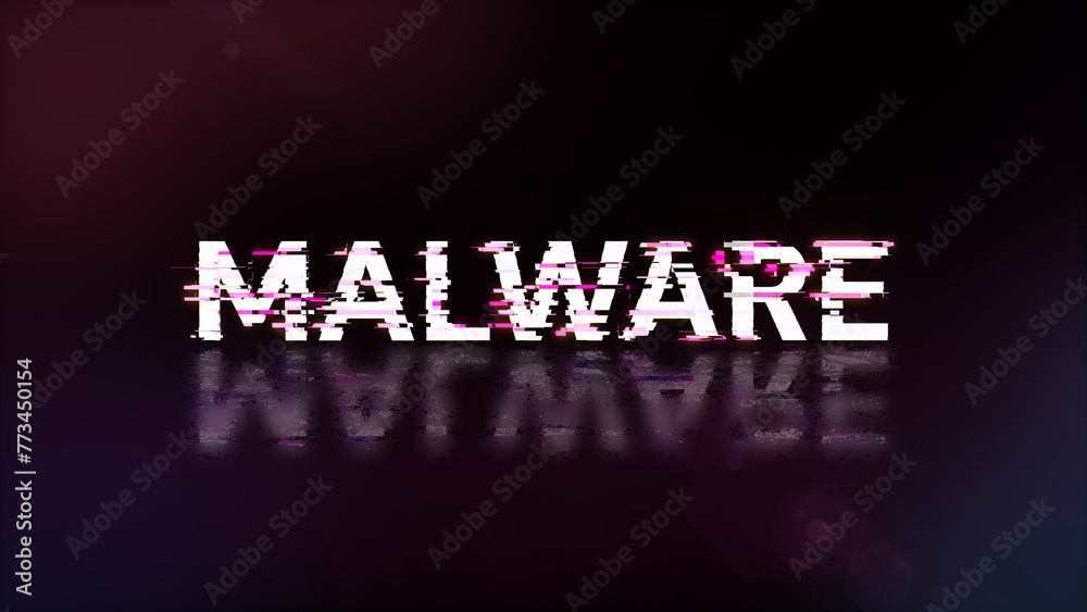 3D rendering malware text with screen effects of technological glitches ...