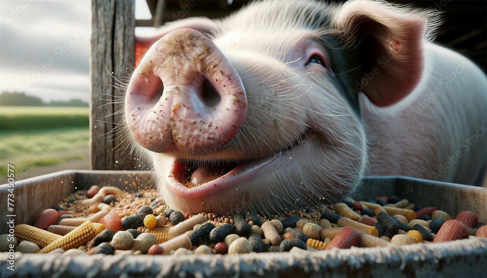 The moment when a pig eats from a feeder. The image is a close-up of ...