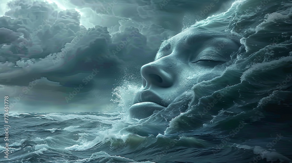 The face is formed by the stormy waves of the ocean or sea. God of ...