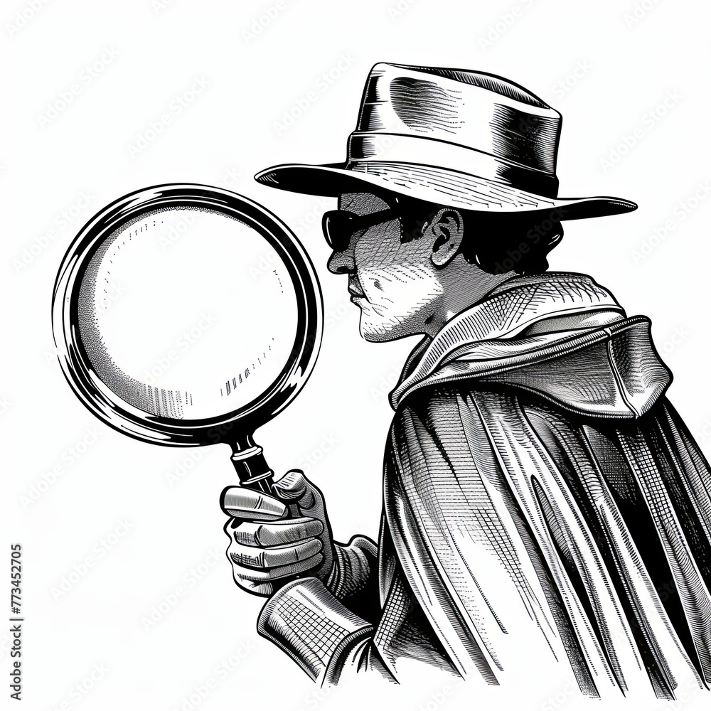 Male detective or spy with hat and magnifying glass in hand ...