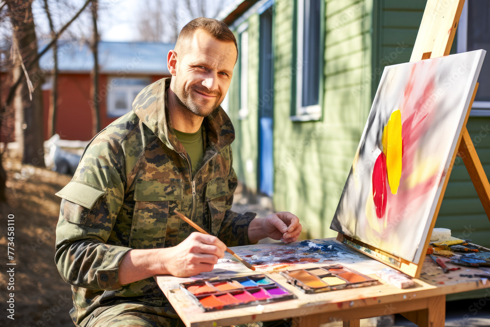 Male soldier engages in art therapy, painting outdoors, focusing on ...