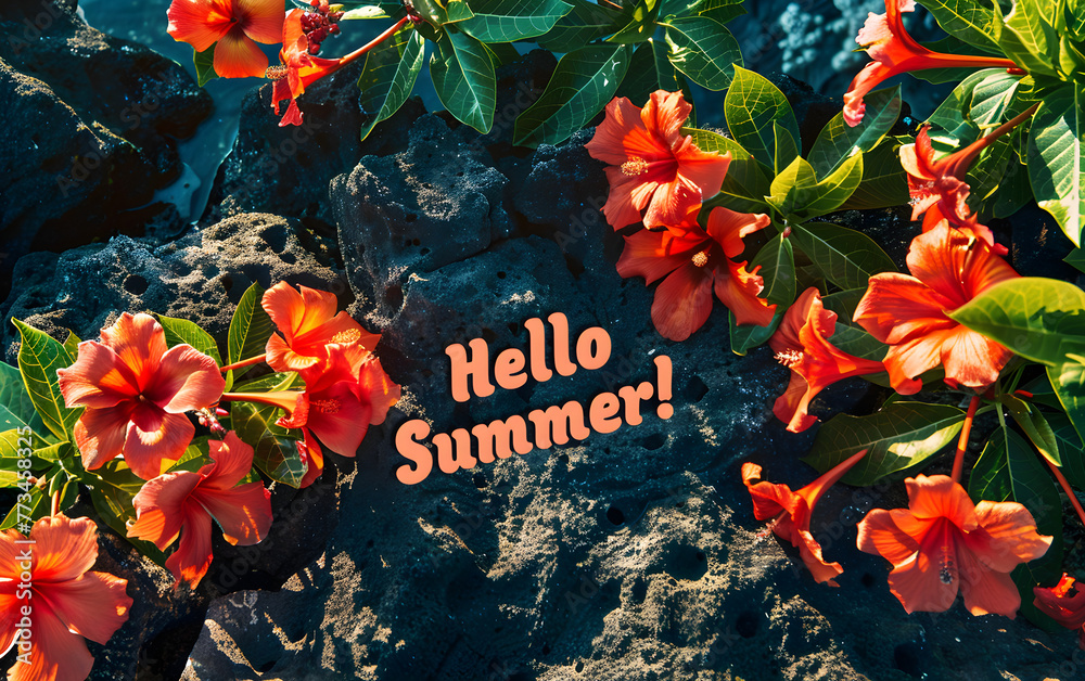 The word "Hello Summer!" in 3d letters on rock beach exotic background ...