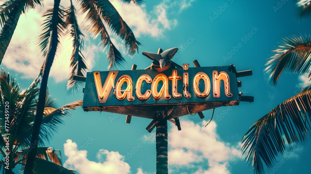 The word "Vacation" in 3d neon letters on beach exotic background ...
