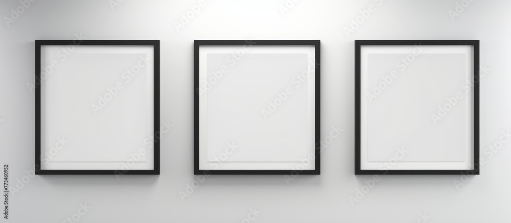 Three identical black frames are elegantly displayed on a clean white ...
