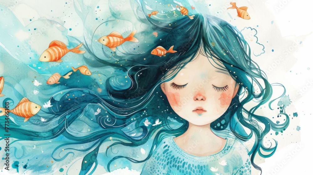 Artistic underwater hair flow with fishes - A surreal artwork depicting ...