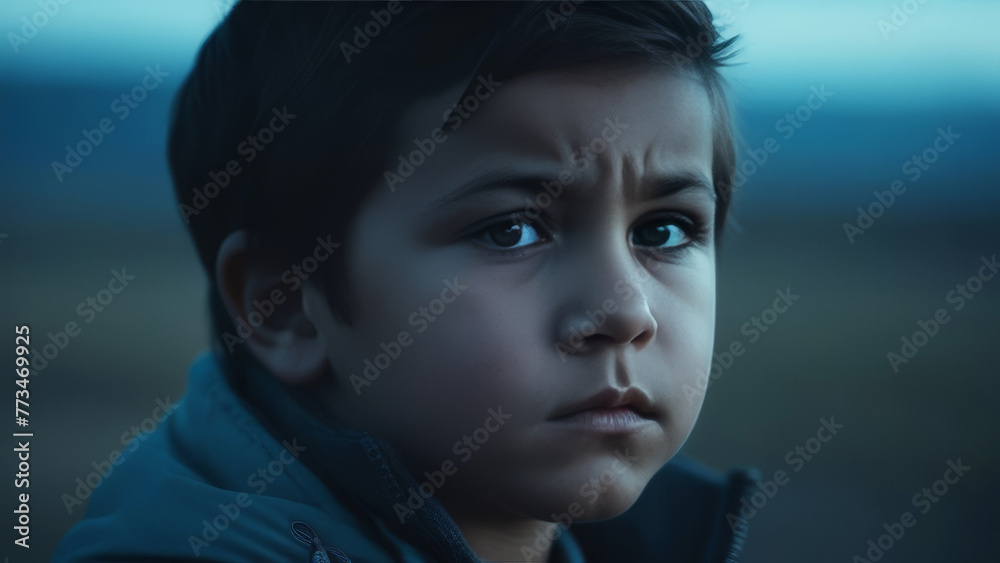 Portrait mongoloid little kid crying and tears. Asian boy have sad emotion and facial ...