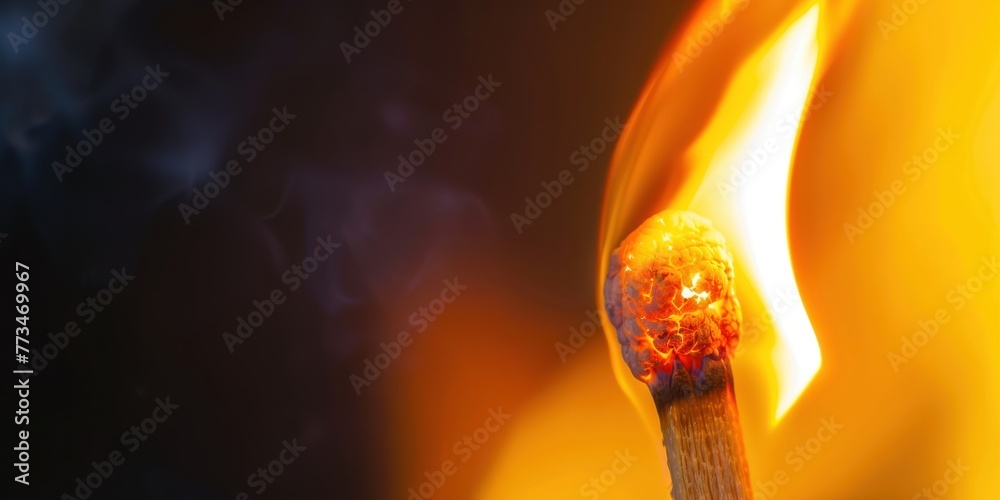 Ignited matchstick with vibrant flame and smoke against a dark ...
