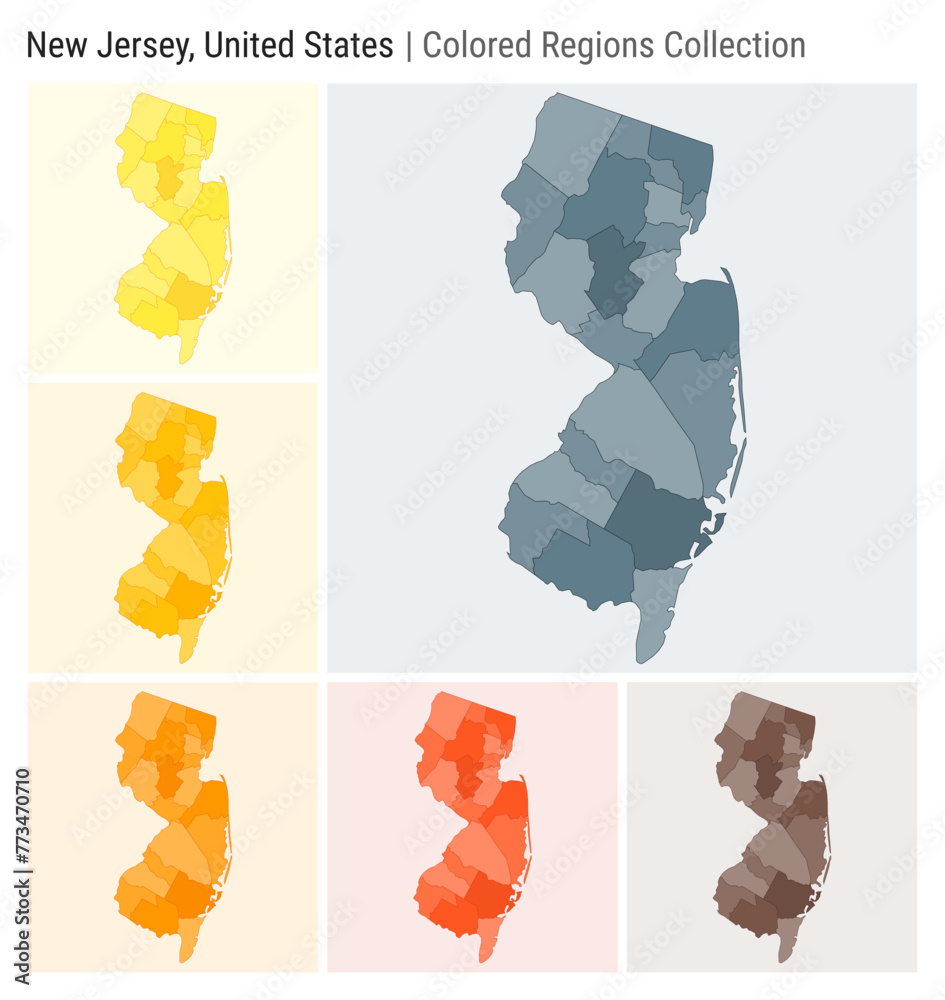 New Jersey, United States. Map collection. State shape. Colored ...