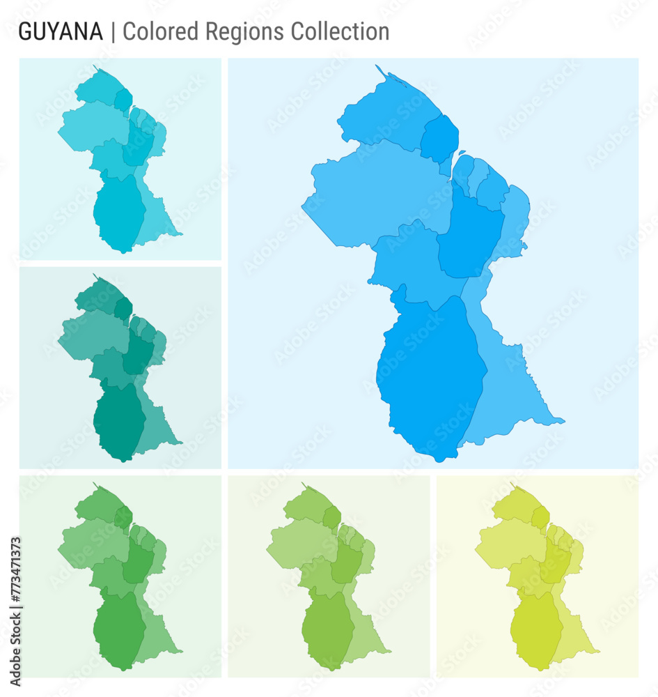 Guyana map collection. Country shape with colored regions. Light Blue, Cyan, Teal, Green, Light ...