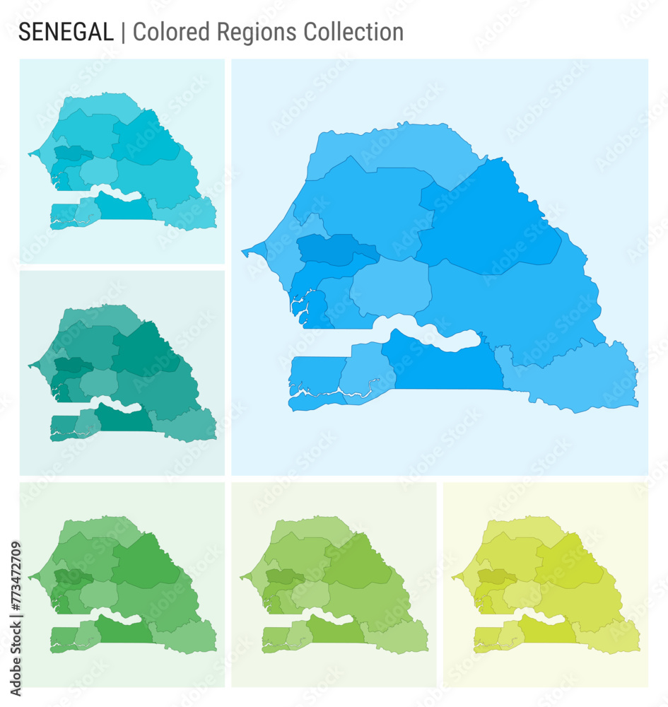 Senegal map collection. Country shape with colored regions. Light Blue ...