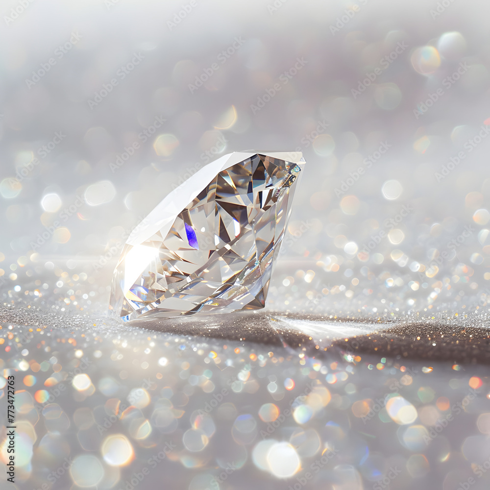 A diamond is on a white surface with a lot of light shining on it. The ...