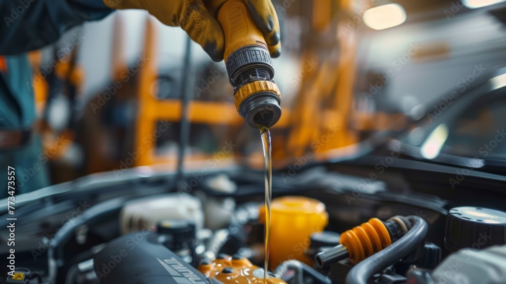 Mechanic pouring oil into a car engine close-up - A mechanic precisely ...
