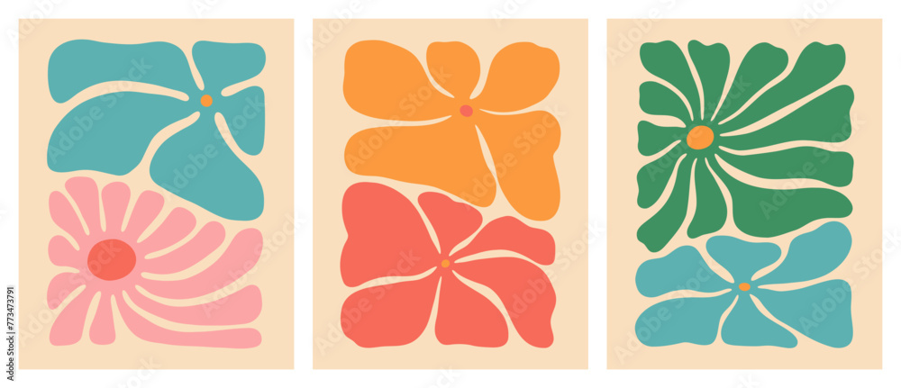 Colorful retro flower illustration set. Vintage style hippie floral ...