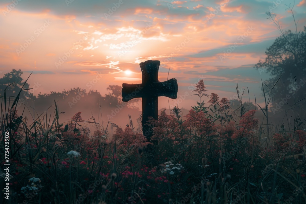 Sunrise behind a rugged wooden cross in a field - A serene sunrise ...