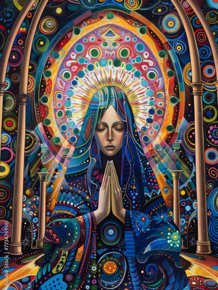 Psychedelic spiritual artwork of a praying figure - Colorful, intricate ...