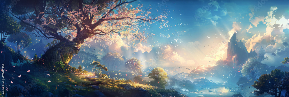 Panoramic fantasy landscape with a majestic tree - This fantasy image ...