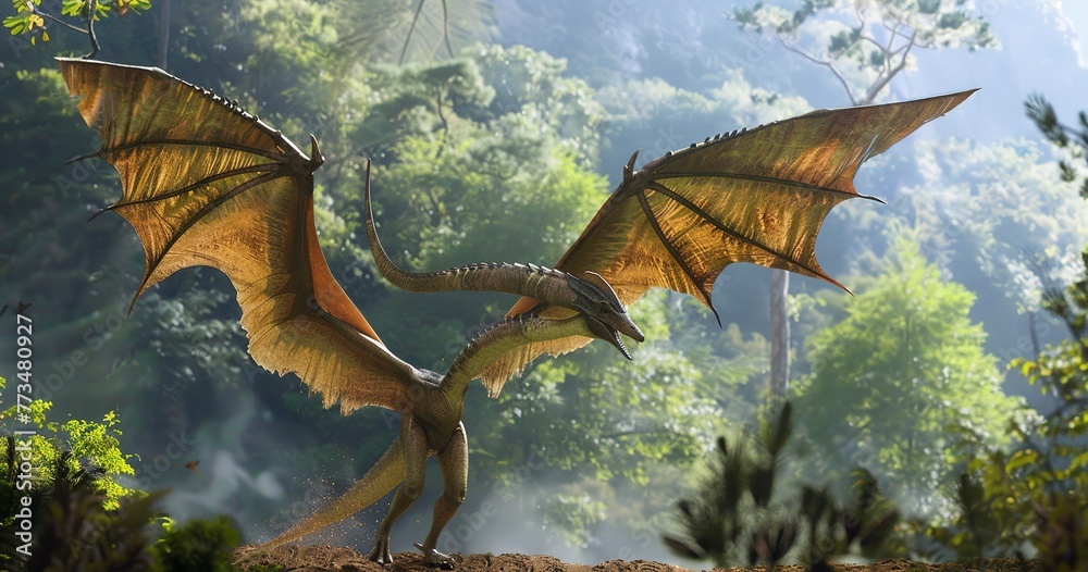 Quetzalcoatlus in landing posture, giant azhdarchid pterosaur, wings impressively detailed ...