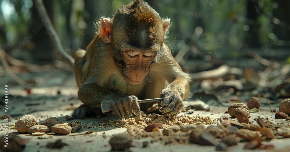 Monkey using tools, focused on cracking nuts, intelligence and problem-solving highlighted ...
