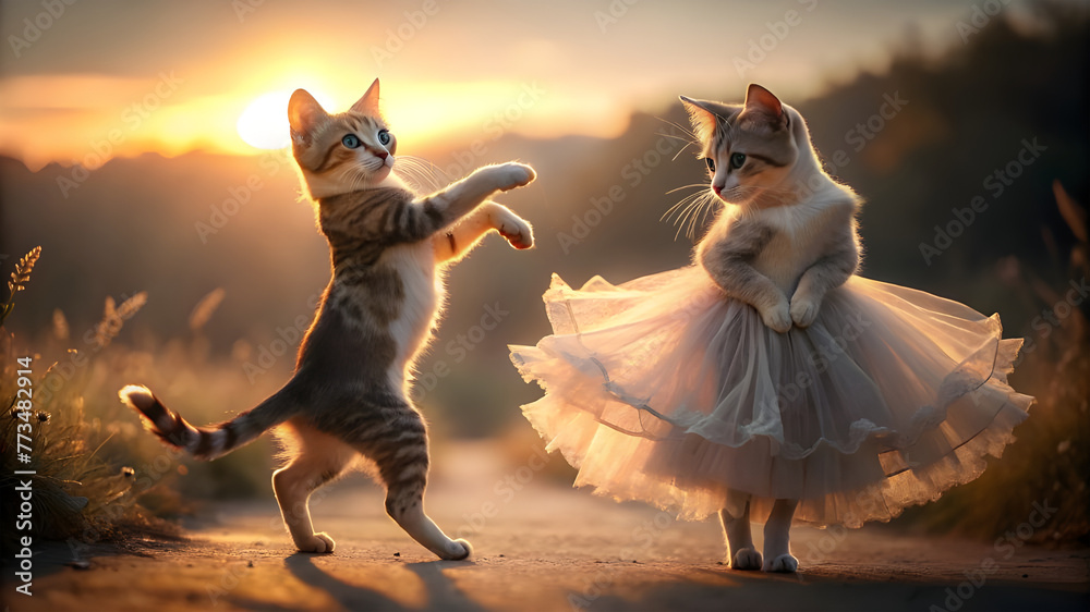 Two cats dancers, featuring a girl cat in a delicate ballet skirt and a ...