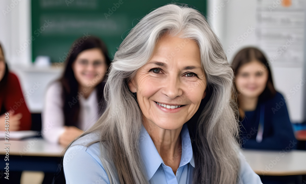portrait female teacher, smile her face, gray hair, schoolchildren ...