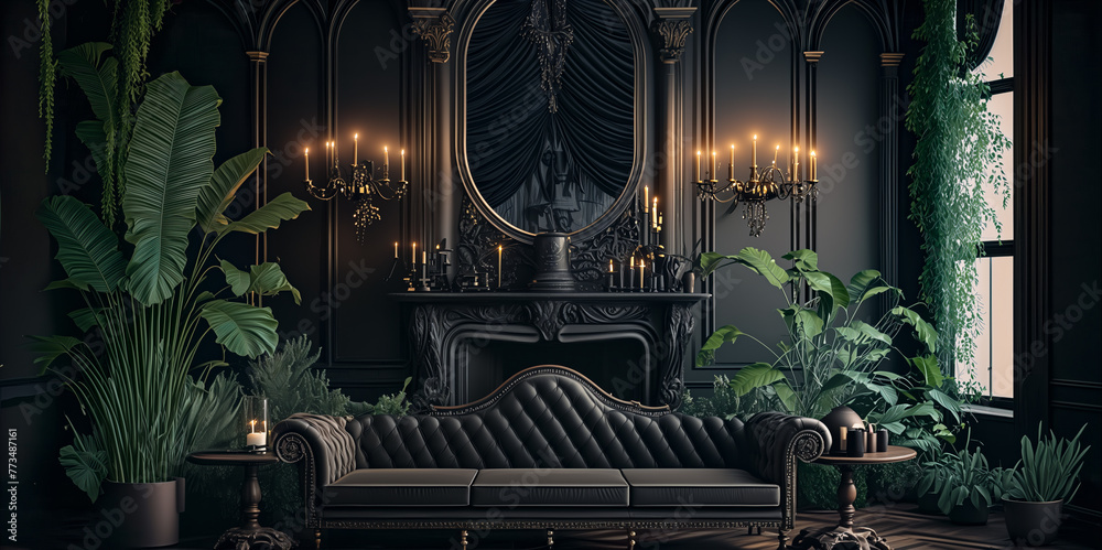 Black living room in the castle with a couch and a mirror, gothic ...