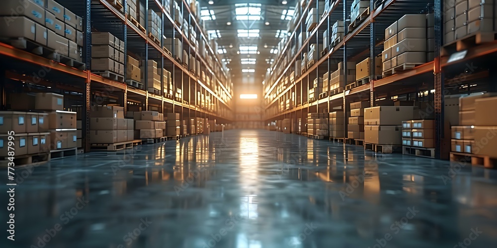 A 3D animation of a large warehouse with cardboard boxes on shelves ...