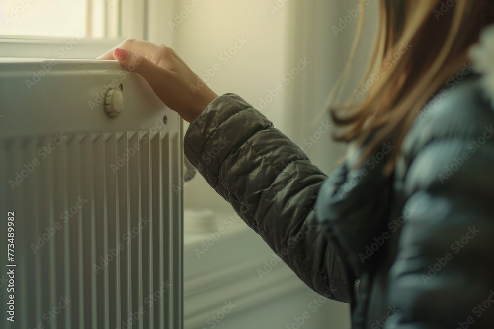 No heating concept. cold radiators in the room. a woman in a jacket ...