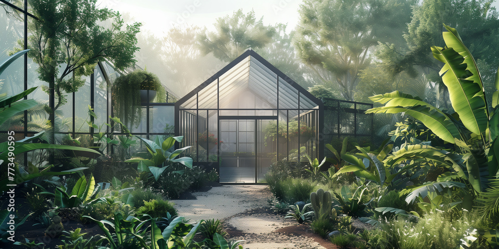 An architectural rendering of an eco-friendly greenhouse surrounded by ...