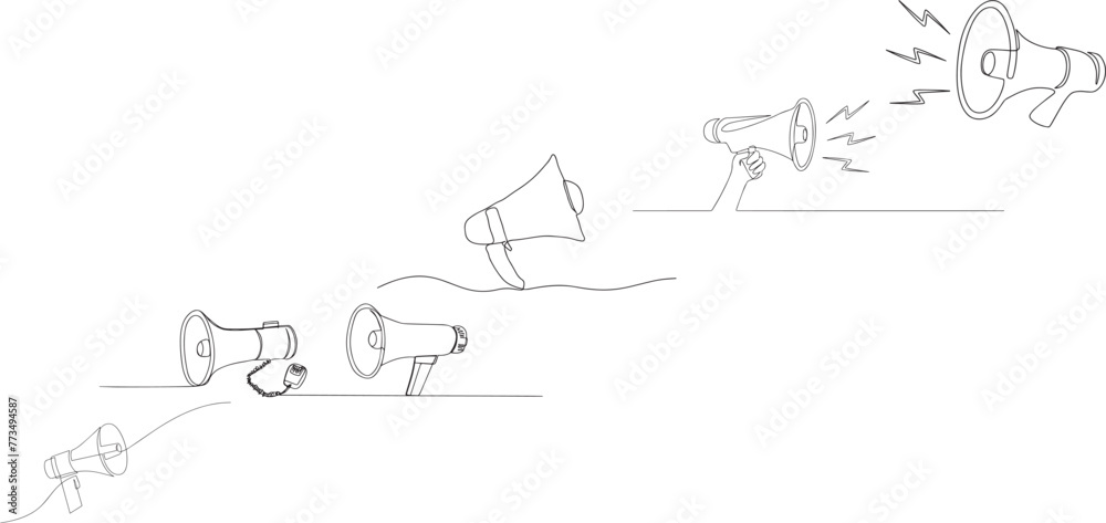One continuous line drawing of public horn speaker. Megaphone symbol of ...
