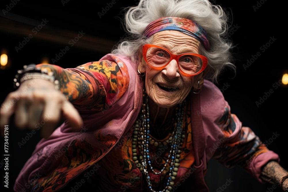 Stylish very old lady in is dancing like DJ. Grandmother in eyeglasses ...