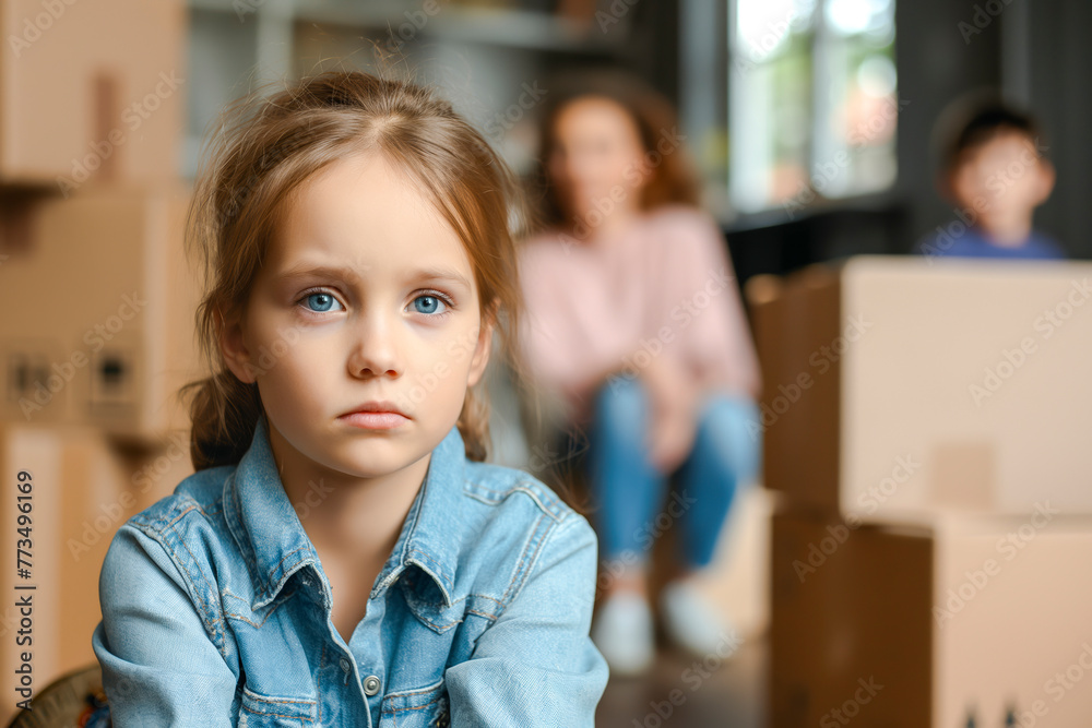 Sad stressed evicted family with little girl worried relocating house ...